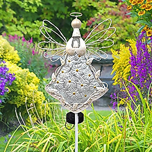 COOZZYHOUR 38Inch Angel Solar Garden Lights Outdoor Decorative -Metal&Glass Angel White Hydrangea Flower Stake Lights- Waterproof 30 Warm White LED for Remembrance Gifts & Sympathy Gifts