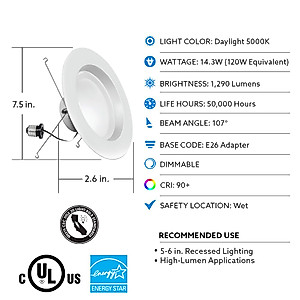 Feit Electric 5,6 inch LED Recessed Downlight, Pre,Mounted Trim, Standard E26 Base Adapter, Dimmable High Output 120W Equivalent, 1290 Lumens, 45 Year Life, 5000K Daylight - LEDR56HO/950CA