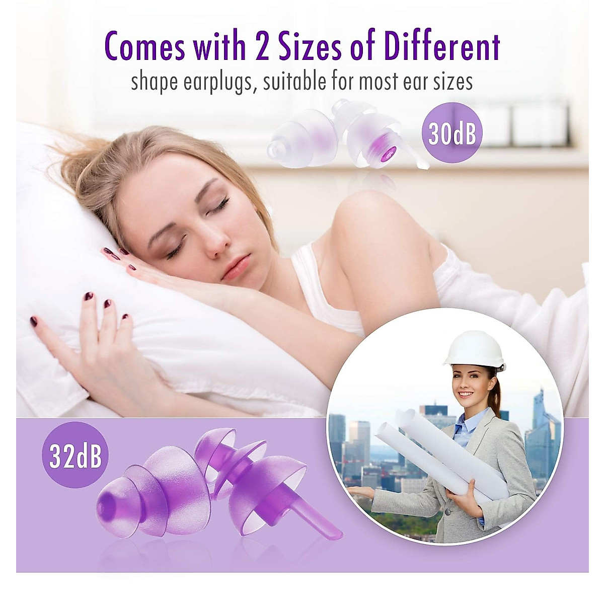 Hearprotek Sleeping Ear Plugs, 2 Pairs Ear Plugs (32db & 30db) Ultra Soft Noise Reduction and Hearing Protection earplugs for Side Sleepers, snoring, Travel, Working, Safety (Purple)