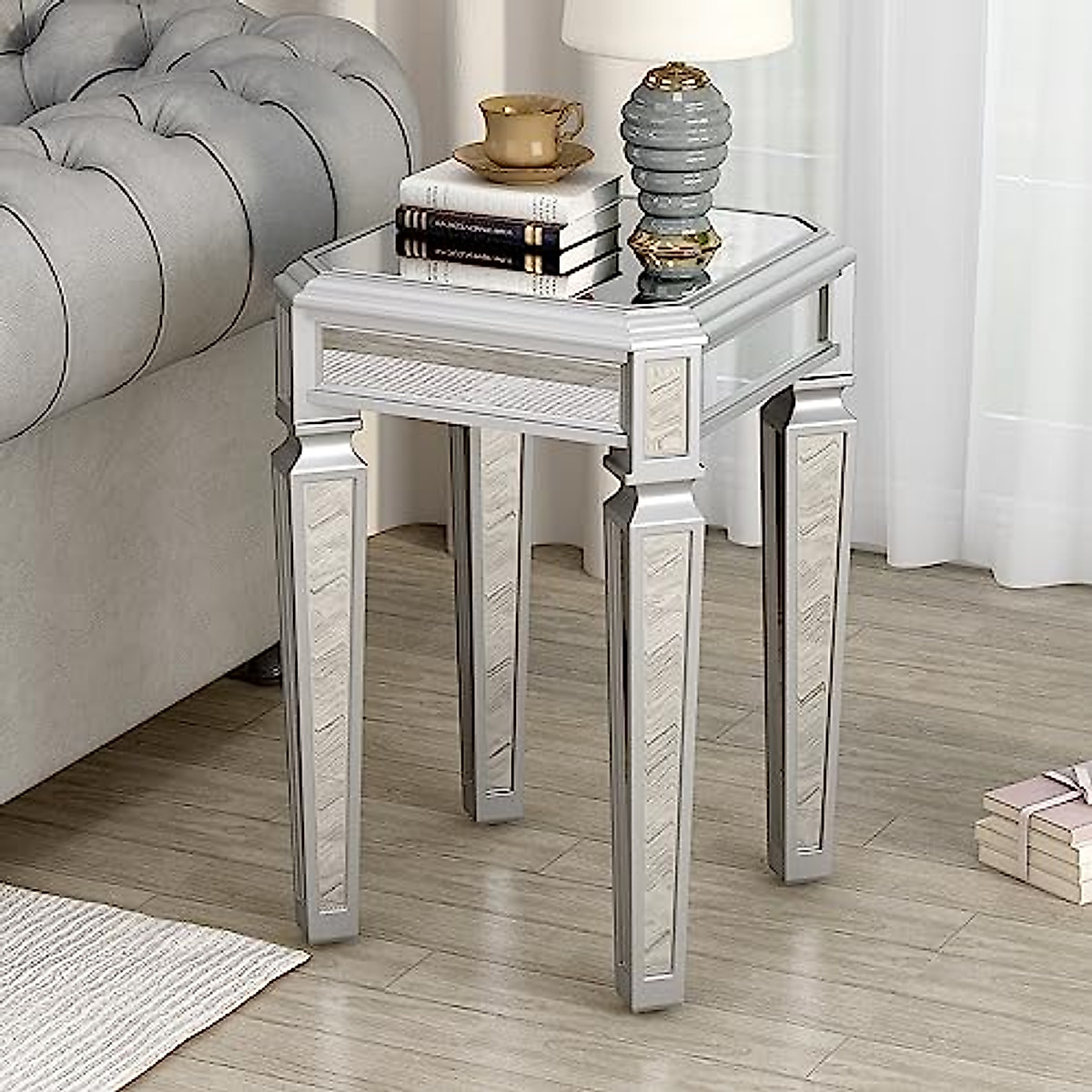 Modern Glass Mirrored End Table with Adjustable Legs, Versatile Design Sleek Corner Table Side Table with Waterproof Surface, Luxury Exterior for Living Room, Bedroom