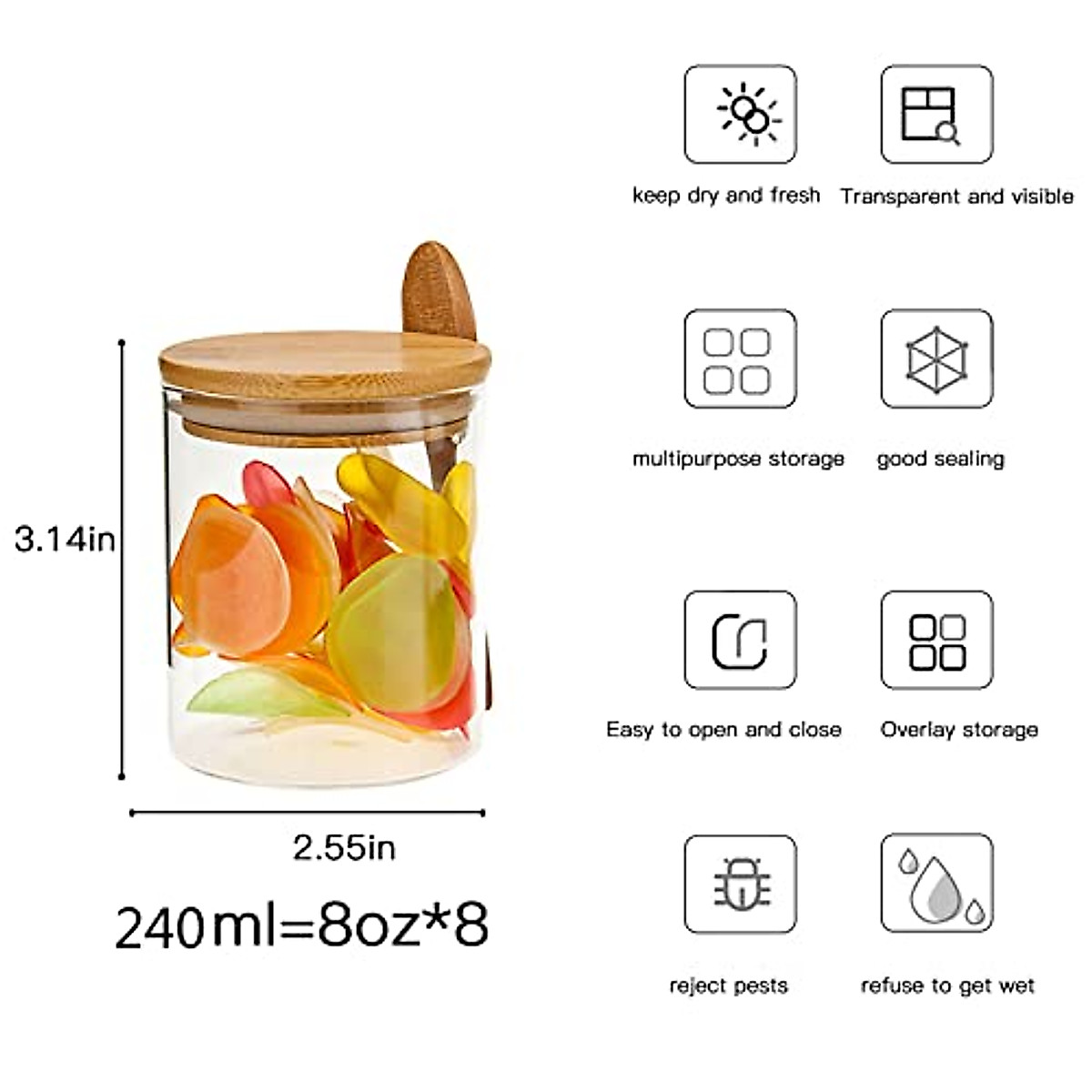JOUALY 8-Pack Glass Food Storage Jar 8 oz,100% Sealed Borosilicate Glass Bamboo Glass Jars with Bamboo Lid and Bamboo Spoon for Candy, Spices, Coffee Beans, Nuts, Condiments, Cookies, Flour,Tea