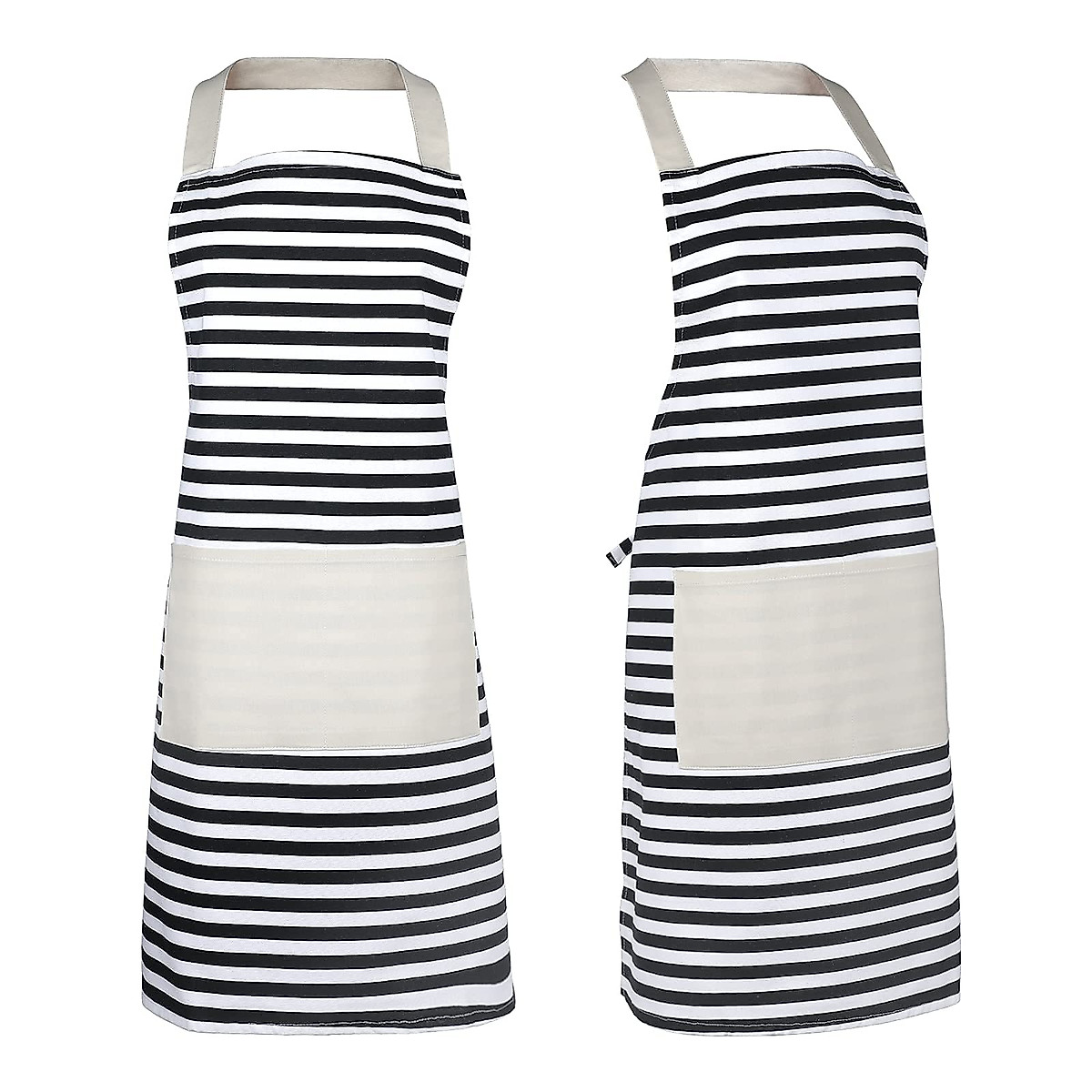 FirstKitchen Kitchen Apron Women, Canvas Apron with Pockets, Black and White Striped Apron, Cooking Aprons for Women, Men Chef, Kitchen Bib Apron for Baking, Grilling and Gardening