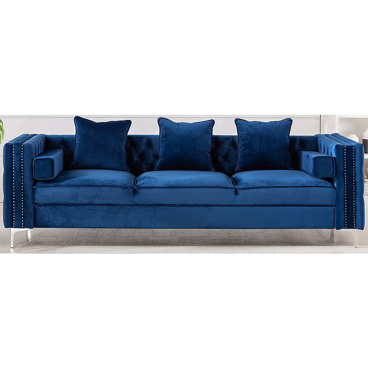 Legend Furniture Velvet Big Comfy Couch Living Room Square Arm Chesterfield 3seats Sofas, 104'', Blue