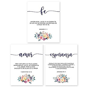 Fe Esperanza Amor Wall Decor - Cuadros Cristianos Para Pared en Español - Christian Wall Decor In Spanish - Set of 3 Prints - 8x10 - Unframed