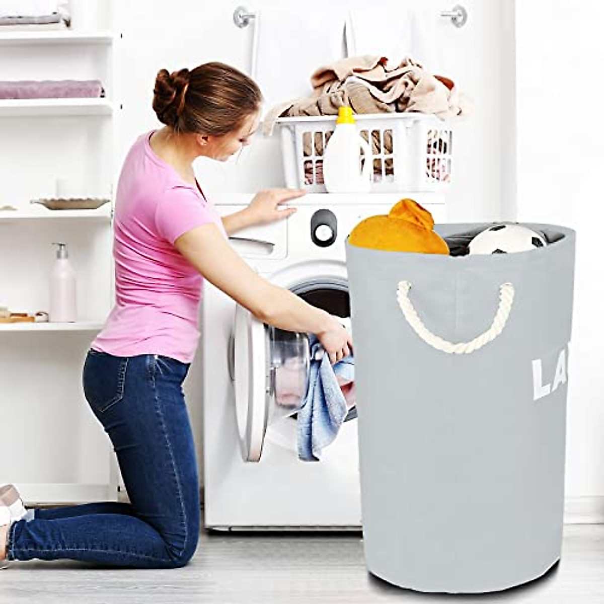 YYYCMY Freestanding Laundry Hamper Basket,85L Collapsible Large Laundry Bag Blanket Basket, Folding Washing Bin for Dirty Clothes Toys in Laundry Room Organization & Storage (grey)