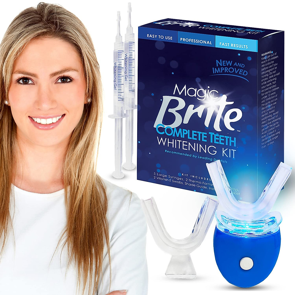 MagicBrite Complete Teeth Whitening Kit at Home Whitener - LED Light, 35% Carbamide Peroxide, 2 Mouth Trays, (3) 3ml Gel Syringes, Painless Effective