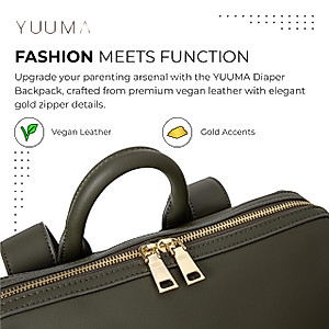 YUUMA Collection Original Diaper Backpack - Vegan Leather Diaper Bag - Gold Zipper - Multiple Pockets - Easy Clean Nylon Interior - Many Colors - Modern Diaper Bag (Olive)