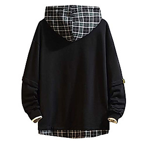 Thenlian Men's Casual Fashion Plaid Patchwork Hoodie Long Sleeves Sweatershirt Tops(XXXXL, Black)