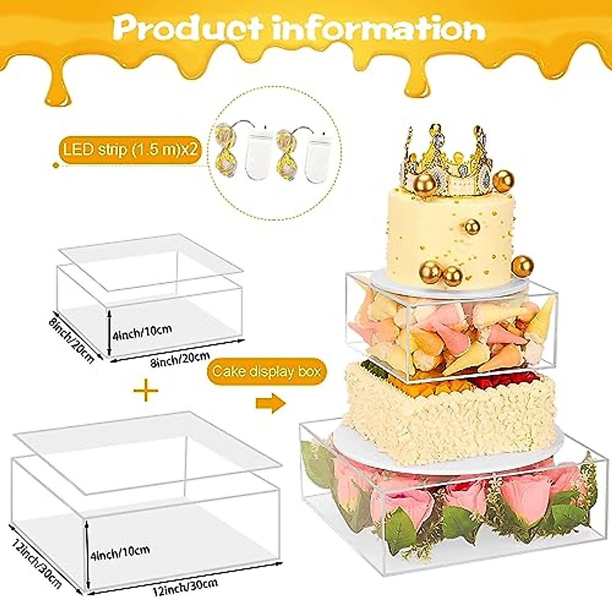 Nynelly Acrylic Cake Stand with Lid, Square Cake Riser Clear Cake Box Stand, Fillable Cube Pedestal Stands for Parties, Decorative Centerpiece for Wedding Birthday Party (2pcs, 8" Dx4”H; 12" Dx4”H)