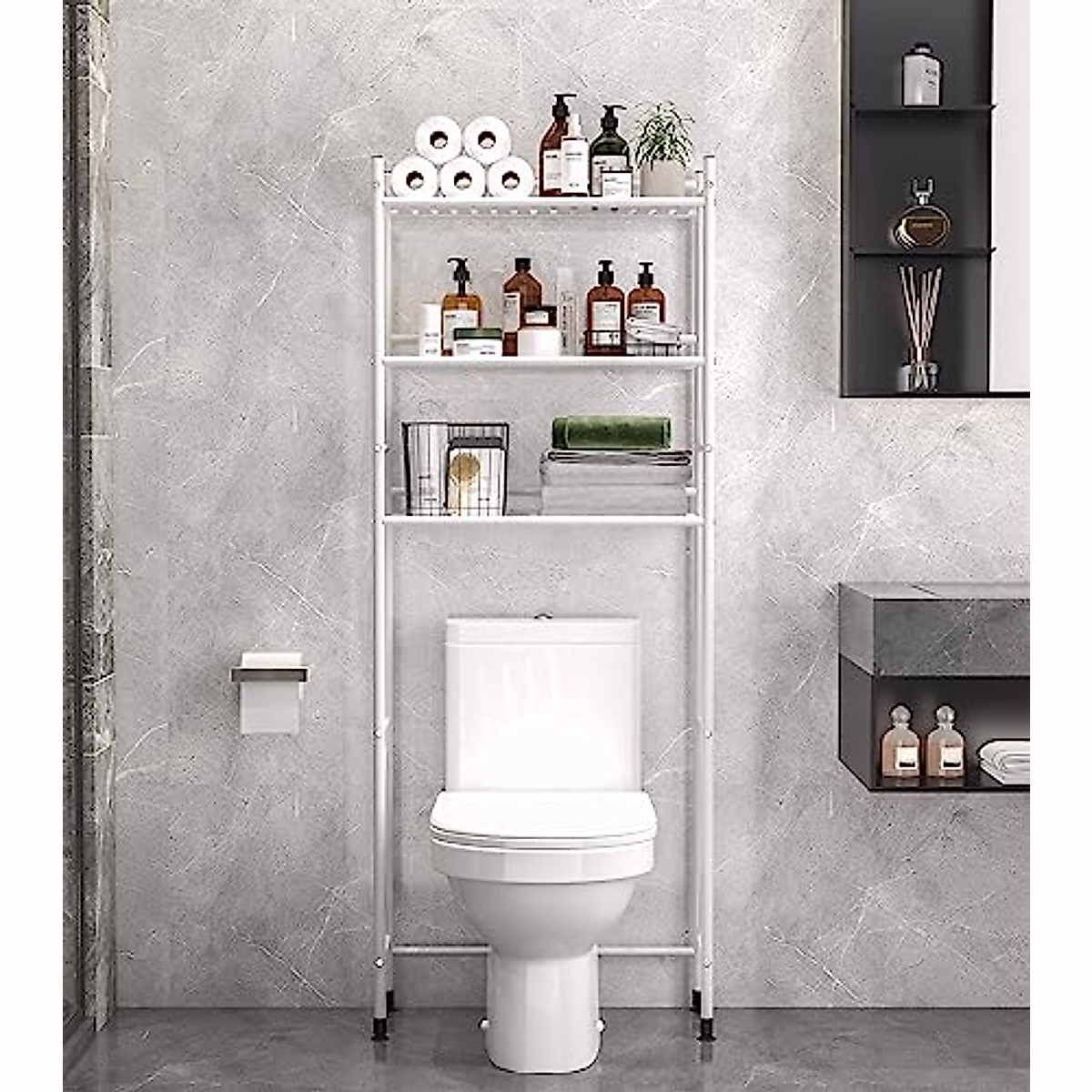 TZAMLI Over The Toilet Storage Shelf, 3-Tier Bathroom Organizer Space Saver, Free-Standing Above Toilet Rack Metal Bathroom Shelves, White