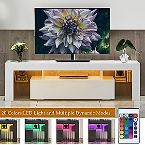 HAKFOO Modern LED TV Stand for 65/55 inch TV, Modern Entertainment Center with 1-2 Storage Drawers, High Gloss Television Stand for Living Room, APP/Remote RGB Light (White, 63inch)