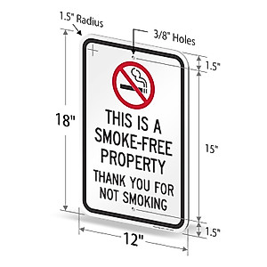 SmartSign 18 x 12 inch “This Is A Smoke-Free Property, Thank You For Not Smoking” Metal Sign, 63 mil Laminated Rustproof Aluminum, Red, Black and White, Made in USA