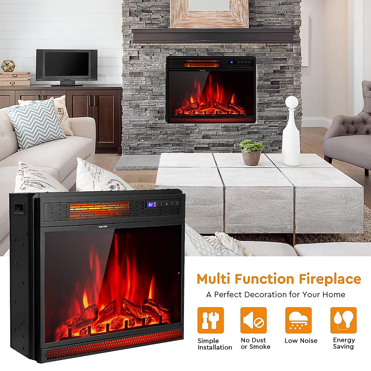 COSTWAY Electric Fireplace Insert 25-Inch Wide, 900/1350W Recessed and Freestanding Heater with Remote Control, 3 Flame Colors, 4 Brightness, Adjustable Temperature, Electric Fireplace for Indoor Use