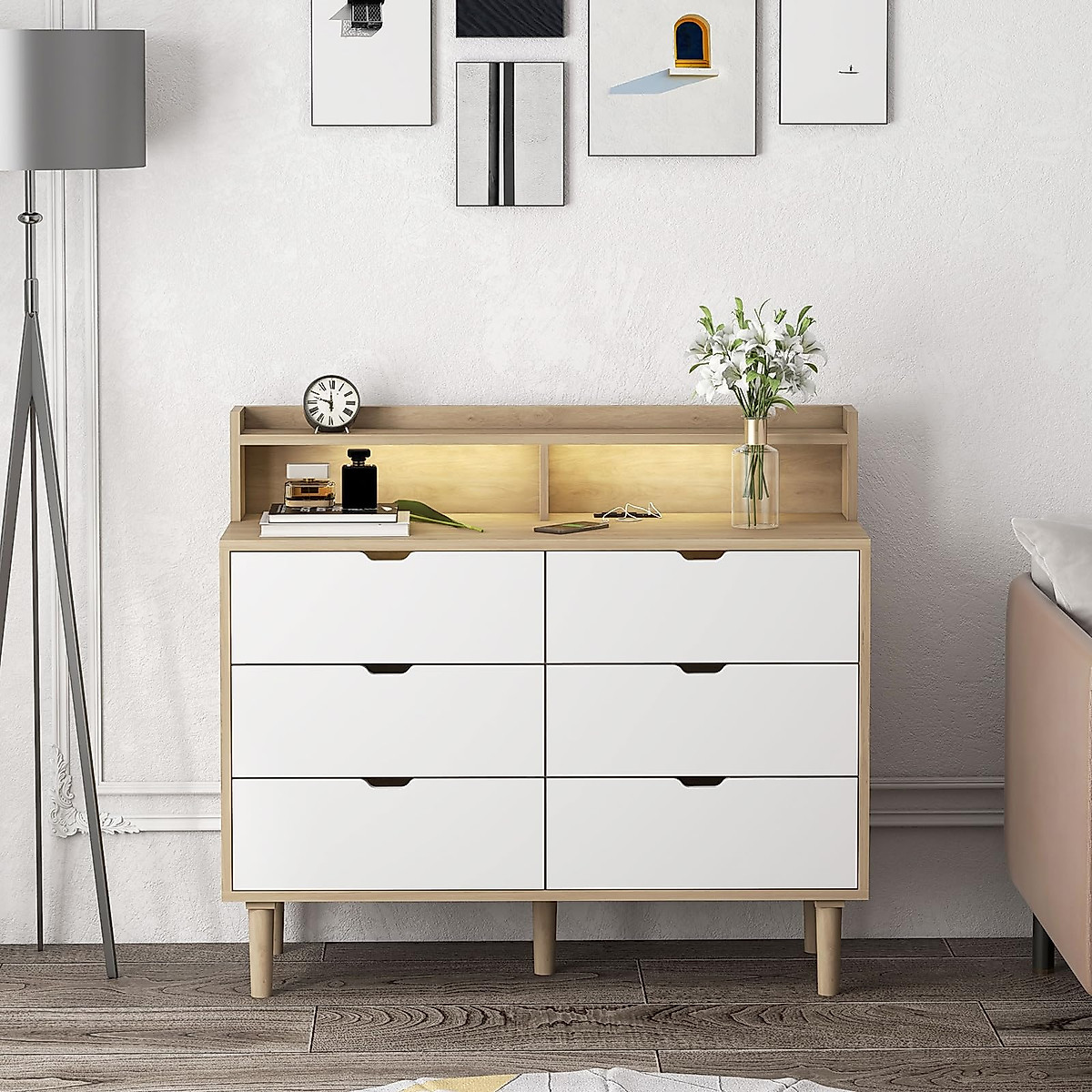 Bonzy Home 6 Drawer Dresser with Charging Station, Wooden Chest of Drawers with LED Light for Closet Hallway, Living Room, Entryway, White