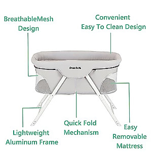 Dream On Me Traveler Portable Bassinet in Cloud Grey, Lightweight and Breathable Mesh Design, Easy to Clean and Fold Baby Bassinet - Carry Bag Included