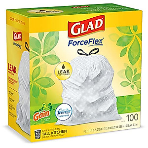 GLAD ForceFlex Tall Drawstring Trash Bags, 13 Gallon White Trash Bags for Tall Kitchen Trash Can, Gain Original Scent to Eliminate Odors, 100 Count - Packaging May Vary