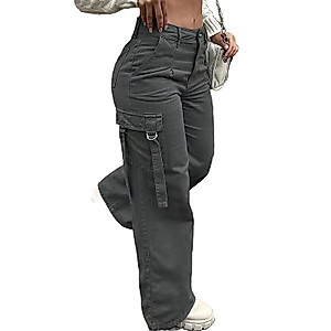 Djeanxa Cargo Pants for Women Straight Wide Leg Y2K Pants Baggy High Waisted Combat Military Hiking Pants with Pockets Dark Gray
