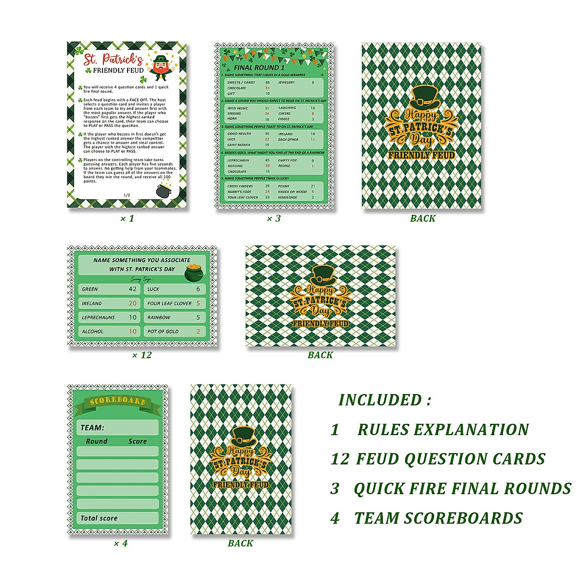 BEUFSE St' Patricks Day Friendly Feud Game Set, St' Patricks Day Party Game Supplies, St' Patricks Day Games for Adults, Feud Quiz, Family Activity, Family Games Night, Fun Holiday Game SC001