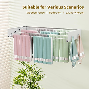 BAKON Clothes Drying Rack Wall Mounted for Laundry, Drying Rack Clothing Wall Mounted, 4 Aluminum Rods with 4 Hooks, Space-Saving Collapsible Wall Drying Rack for Indoor Outdoor (White, 23.6'')