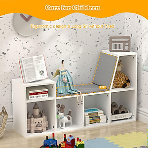 HedoajimKids Bookshelf with Reading Nook,Bookcase with 6 Cubby and Seat Cushion,Toddler Reading Bench and Toy Storage Organizer for Kids Room, Playroom, Classroom, Nursery,Bedroom
