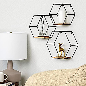 Greenco Geometric Hexagon Shaped Floating Shelves, Honeycomb Shelves, Home Decor, Metal Wire and Rustic Wood Wall Storage Shelves for Bedroom, Living Room, Bathroom, Kitchen and Office – Set of 3