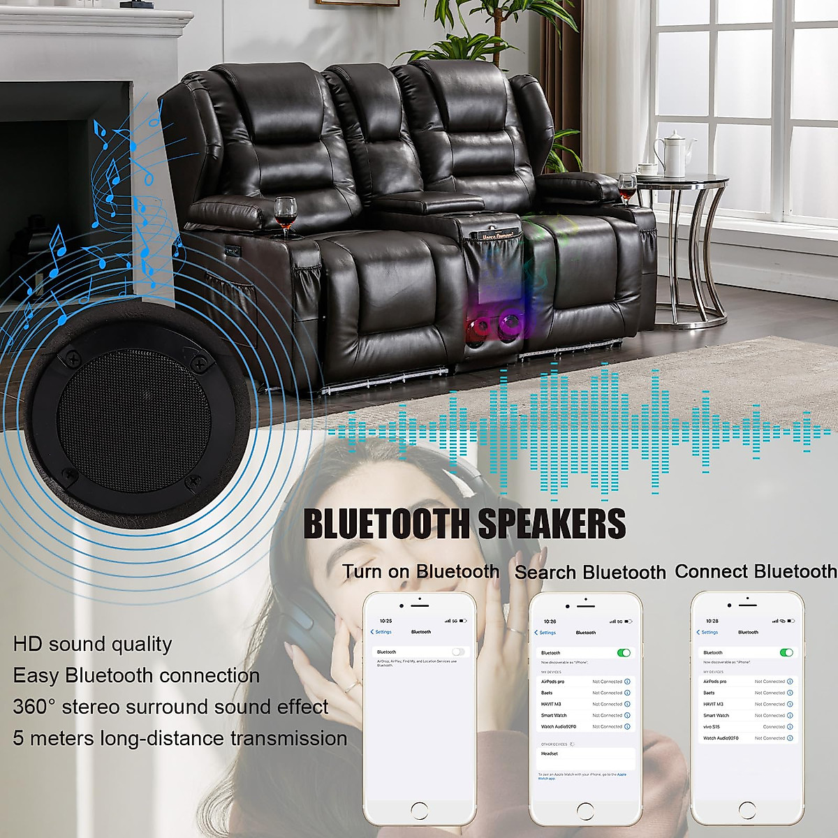 SAMERY Power Recliner Loveseat - Electric RV Reclining Loveseat with Console - 67" Double Recliner 2-Seater RV Sofa Couch with USB/LED Strip for Living Room - Home Theater Seating