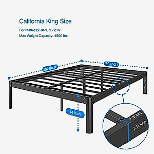 COMASACH California-King Bed-Frame with Round Corner and Cylinder Shaped Leg, 3500 lbs Non Slip Metal Platform Bed Frames No Box Spring Needed, 14 inch Noise Free Mattress-Foundation, Black