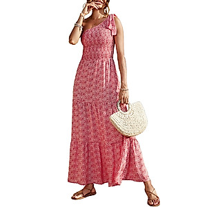 PRETTYGARDEN Women's Summer Floral Maxi Dress Knot One Shoulder Sleeveless Ruffle Flowy Boho Beach Wedding Guest Dresses(Red White Floral,Small)