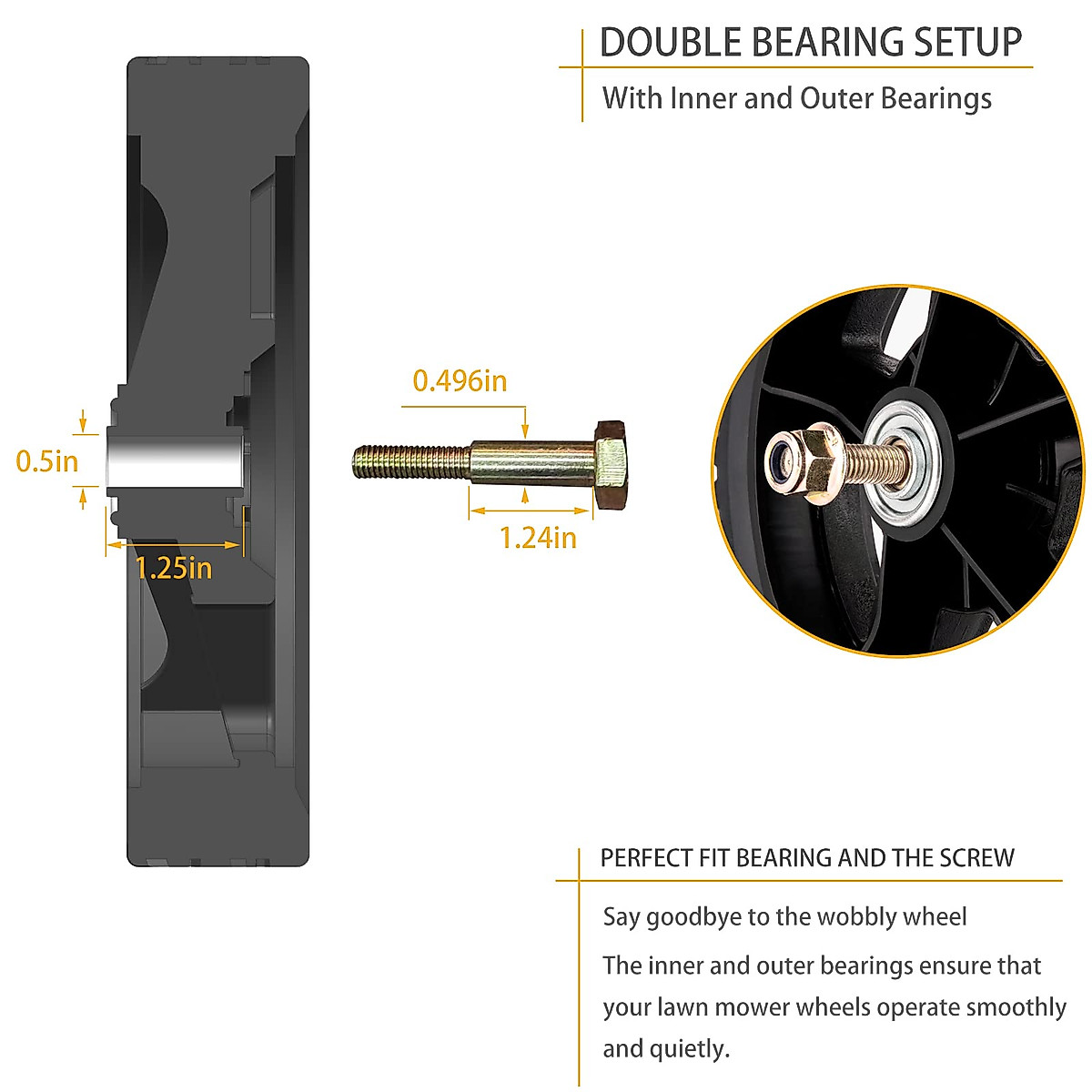 7 Inch Lawn Mower Wheels (2-pack) Fits Most Standard push Lawn Mowers, Inner and outer bearing structure - Includes Bolts, Nuts (Also available in 6~14-inch wheels)