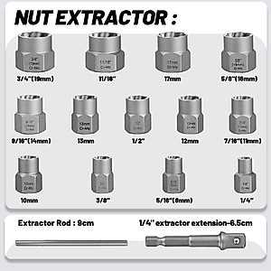 UYECOVE 15-Pcs Bolt Extractor Set, 3/8'' Drive Easy Out Bolt Extractor Set, Stripped Bolt Remover Nut Extractor Set for Damaged, Frozen, Rusted Sockets, Rounded-Off Bolts, Nuts & Screws