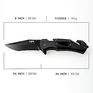LI JIU Folding Pocket Knife - 8 inch Tactical Knife, made of high-carbon steel, Aluminum handle & Pocket Clip, Multifunctional design (Black)
