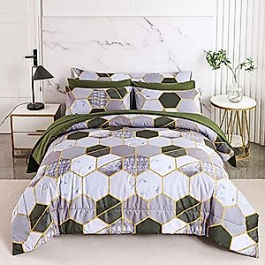 PERFEMET 8 Pieces Green King Comforter Set Geometric Marble Bedding Sets King Size Hexagon Honeycomb Print Bed in A Bag Soft Lightweight Bed Comforter Sets with Sheets (Green, King)