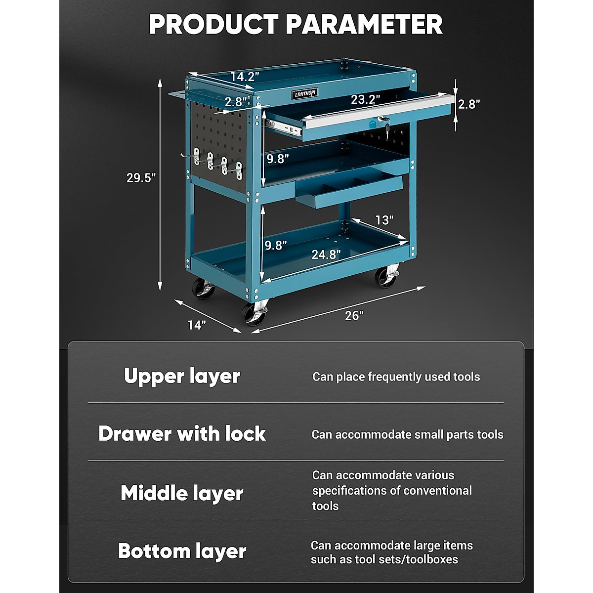 LDHTHOPI Tool Cart, 3 Tier Rolling Tool Cart with Drawers, 330 LBS Utility Tool Cart on Wheels for Mechanics, Commercial Tool Service Cart with Lock for Garage, Home, Hotel, Repair Shop, and Warehouse