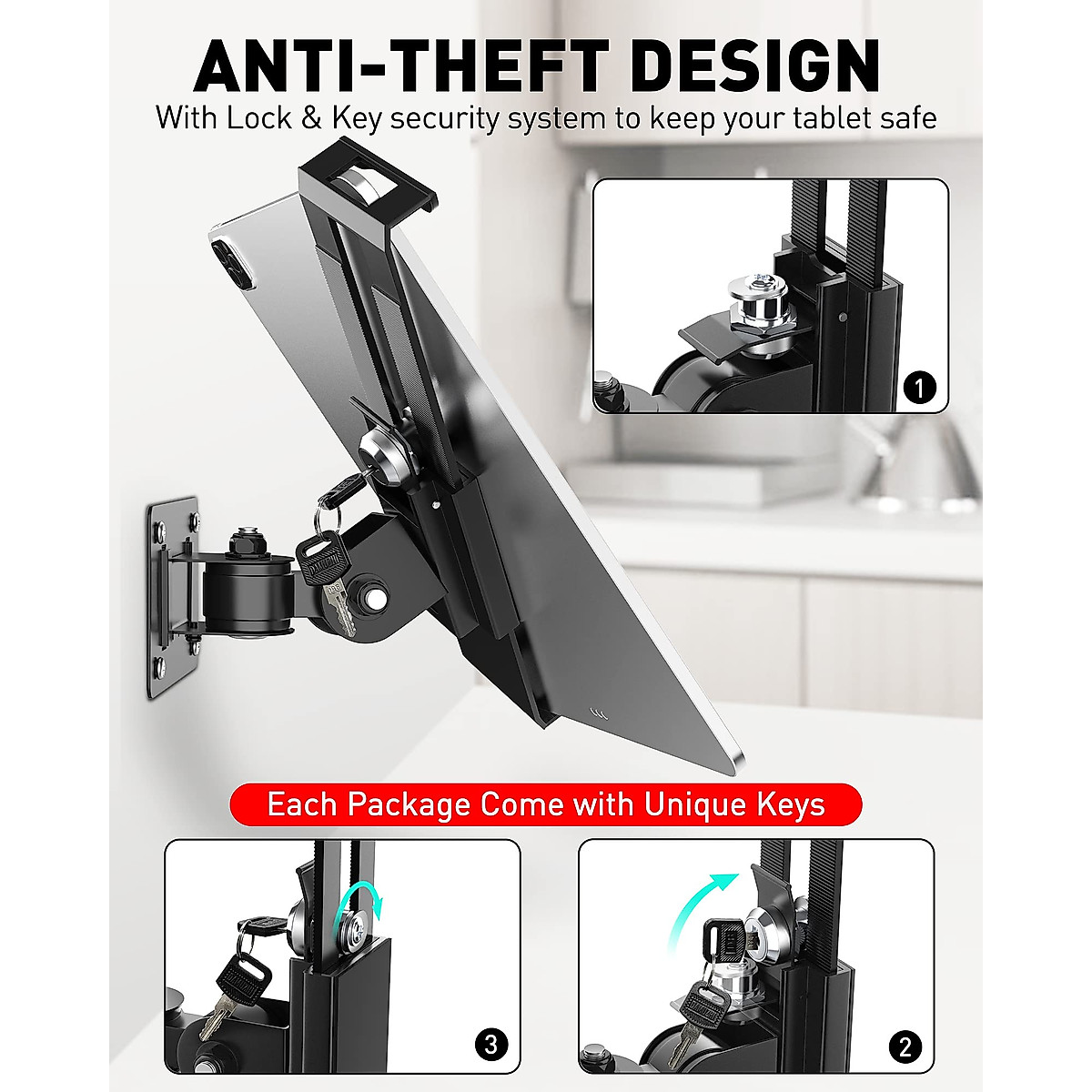 AboveTEK Tablet Wall Mount -360° Rotation iPad Wall Holder for Retail & Business, Anti Theft iPad Stand Fits 7"-11" Tablets Including iPad Pro/Air/Mini, Galaxy Tab - Security Lock & Key - (Black)