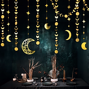 Cheerland Gold Star Moon Hanging Decorations Moon Garland Crescent Star Streamer for Kids Room Decor Birthday Ramadan EID Mubarak Wedding Fortune Teller Celestial Party Supplies - Pack of 10