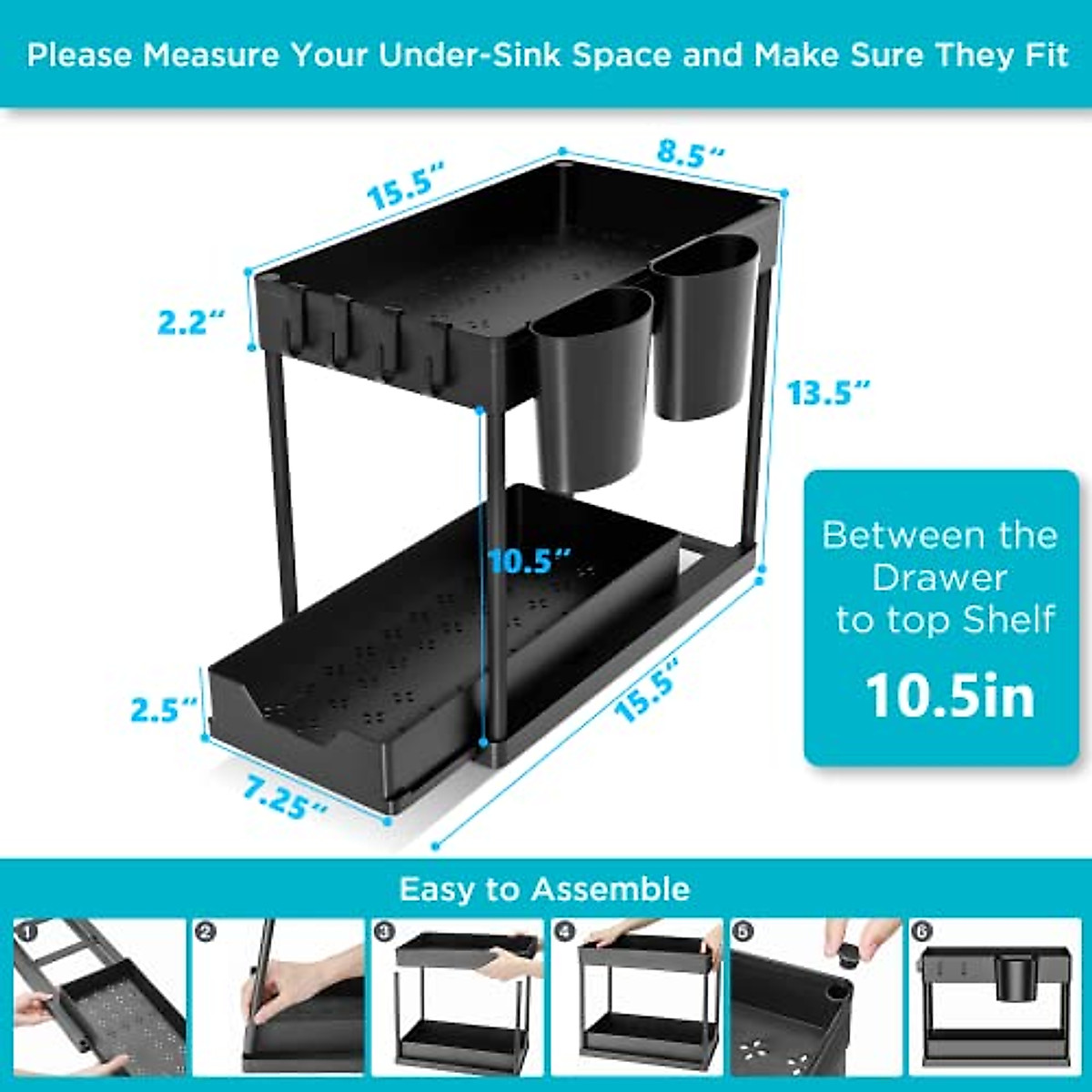 2 Pcs 2-Tier Under Sink Organizers and Storage with Bottom Pull Out Drawers, Towels Hooks and Hanging Cups, Bathroom/Kitchen Multipurpose Miscellaneous Supplies Organization And Storage Rack