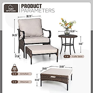 MFSTUDIO 5 Pieces Wicker Patio Furniture Set, 2 x Chair, 2 x Ottoman, 1 x Side Table, Outdoor Conversation Sets for Balcony Porch Garden