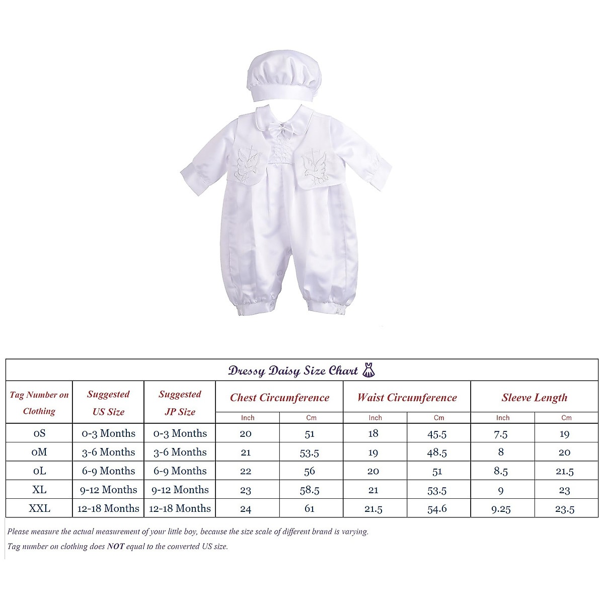 Dressy Daisy Infant Baby Boy Christening Baptism Outfit Satin Romper Bodysuit Set with Bonnet Hat Size 0-3 Months, White