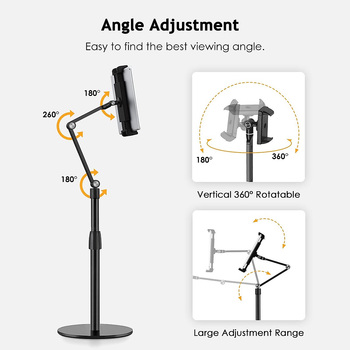 SupeDesk Phone Stand Overhead Recording Stand, Adjustable Cell Phone Holder, Multiangle, 3-Part Adujustable,Horizontal Recording Stand, Compatible with 3.5-11" Phone/iPad Mini/iPhone, Black