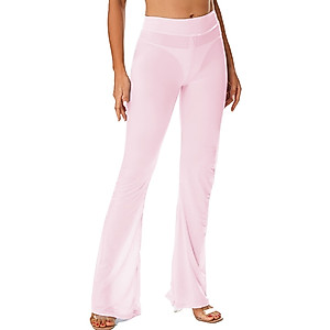 Jhaoyu Women Semi See-Through Zipper Crotch Flare Yoga Pants High Waisted Bootcut Wide Leg Workout Leggings Pink One Size