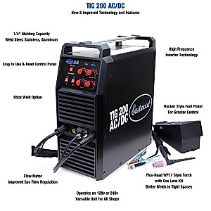 Eastwood AC/DC TIG Welder System | 1/4 Inch Thick Welding Capacity | Duty cycle of 60% at 190 Amps | 110 & 220V Dual Voltage TIG Welding with Rocker Style Foot Pedal | Black