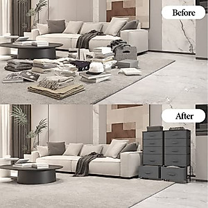 Sehloran 5 Drawer Dresser for Bedroom, Dessers Storage Tower, Chests of Drawers, Removable Tall Fabric Bins, Dresser Organizers Unit for Hallway, Entryway, Closets, Wood Top, Gray