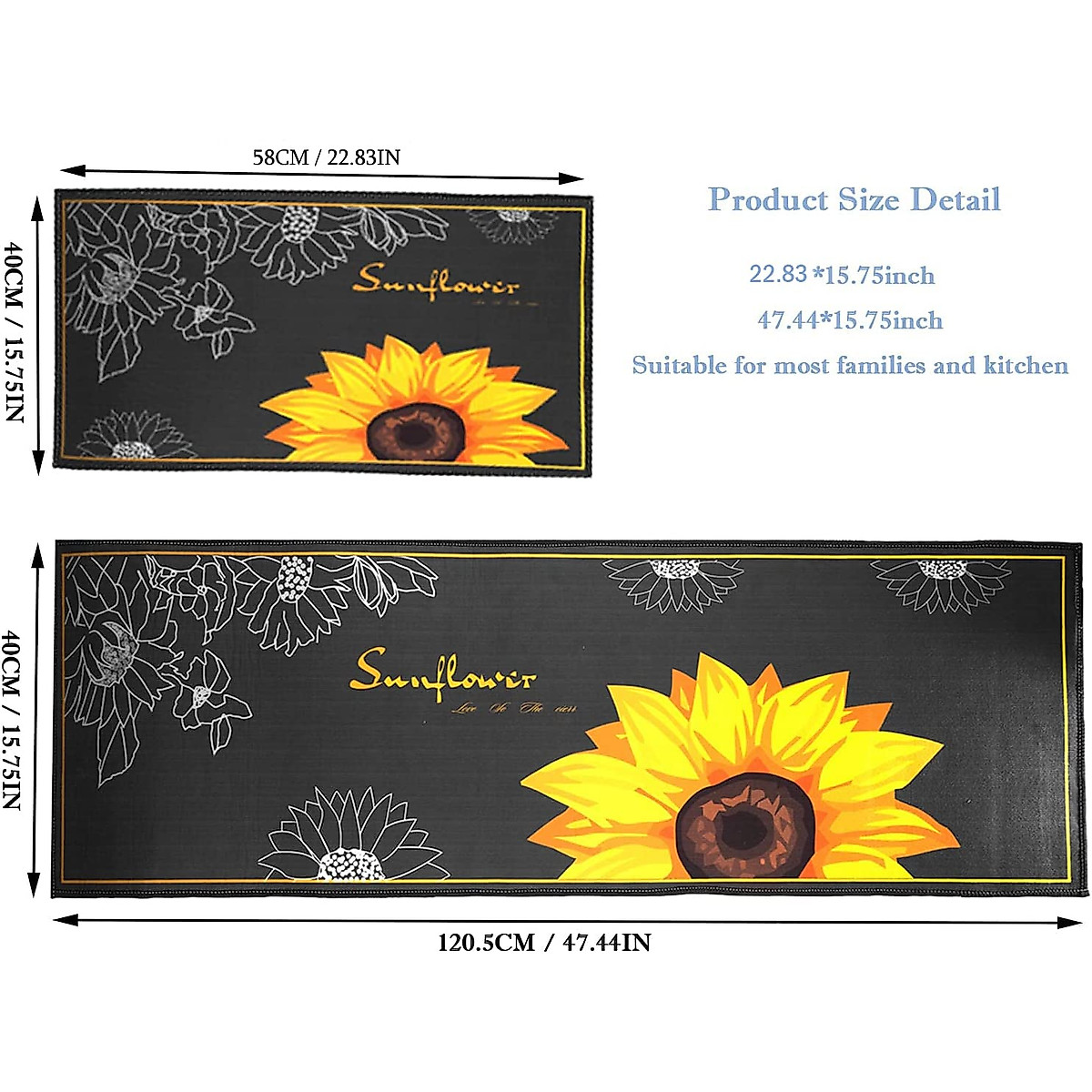 Sunflower Kitchen Mat, 2 Pieces Soft Sunflower Kitchen Rugs Washable Kitchen Floor Mats Kitchen Decor Rugs for in Front of Sink, Hallway, Laundry Room(47.4"x15.7"+23.6"x15.7") - 0.2" Thick Polyester