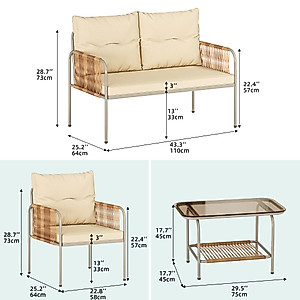 YITAHOME 4 Pieces Patio Furniture Set, Wicker Outdoor Conversation Set, All-Weather Rattan Bistro Set with Loveseat Set, Coffee Table and Cushions for Backyard, Balcony, Deck - Beige