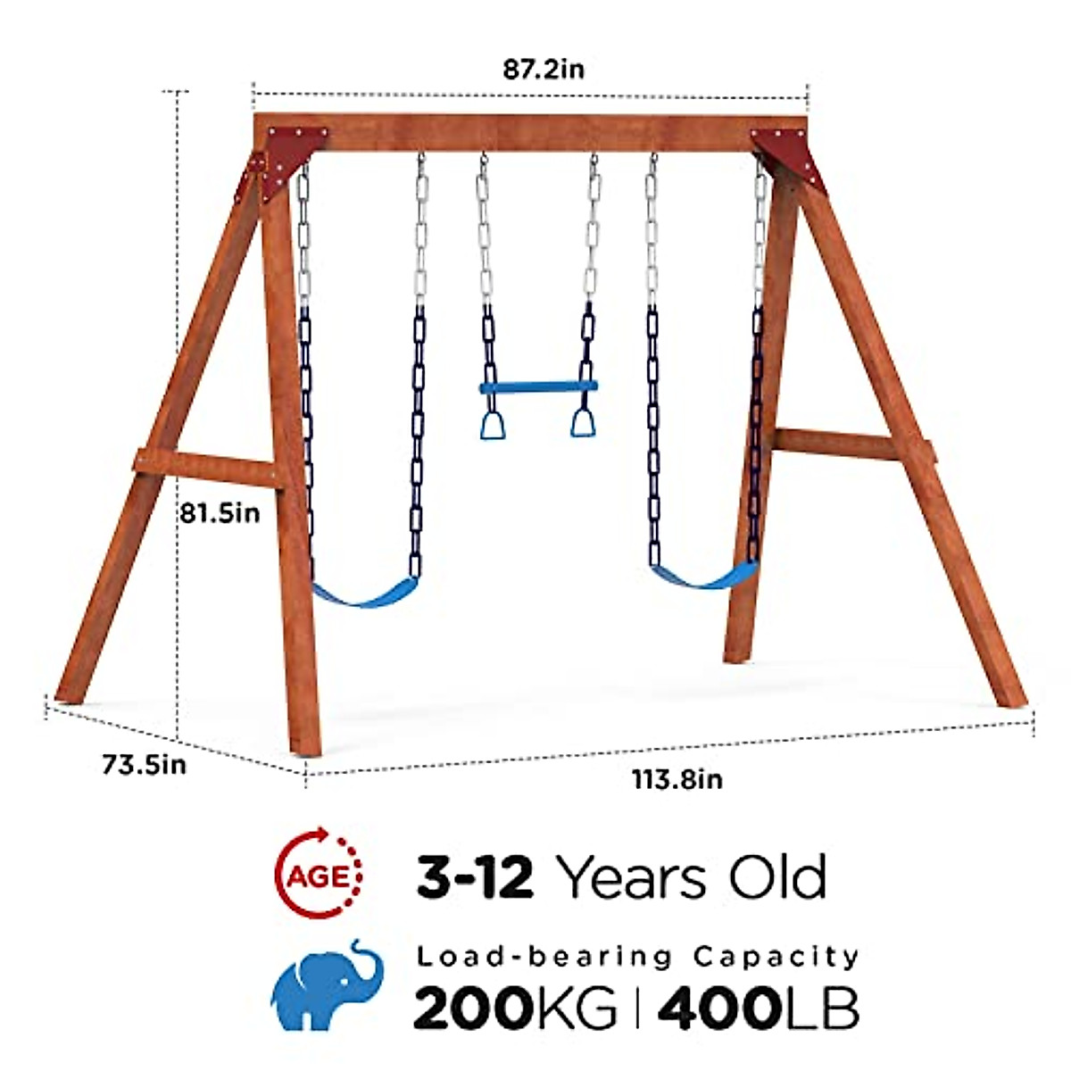 Dolphin Playground Wooden Swing Sets for Backyard, Family DIY Kit for Any Swings, Outdoor Playset for Kids with Trapeze Swing Bar and 2 Belt Swings, Heavy Duty Playground Accessories, Ages 3-12