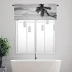 Ocean Palm Trees Kitchen Curtain, White Gold Beach Rod Pocket Valances for Kitchen/Living Room, 42 x 18 in, Blue