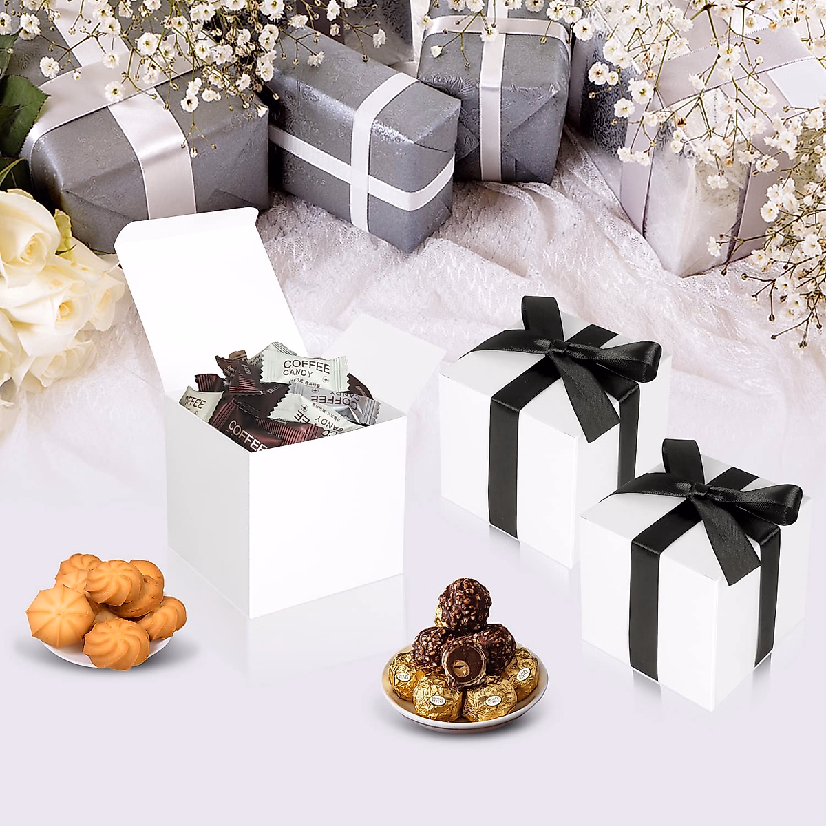DOYIDE 100 Pack Small Gift Boxes, 2x2x2 Inches Favor Boxes White Paper Gift Boxes with Lids for Presents, Crafting, Cupcake Boxes, Gifts, Candy Boxes for Wedding Party Bridal Shower Baby Shower Favors