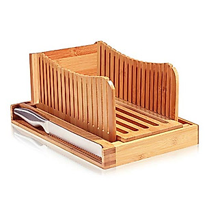 Luxury Bamboo Bread Slicer with Knife - 3 Slice Thickness, Foldable Compact Cutting Guide with Crumb Tray, Stainless Steel Bread Knife for Homemade Bread, Cake, Bagels 5.5” Wide x 5” Tall