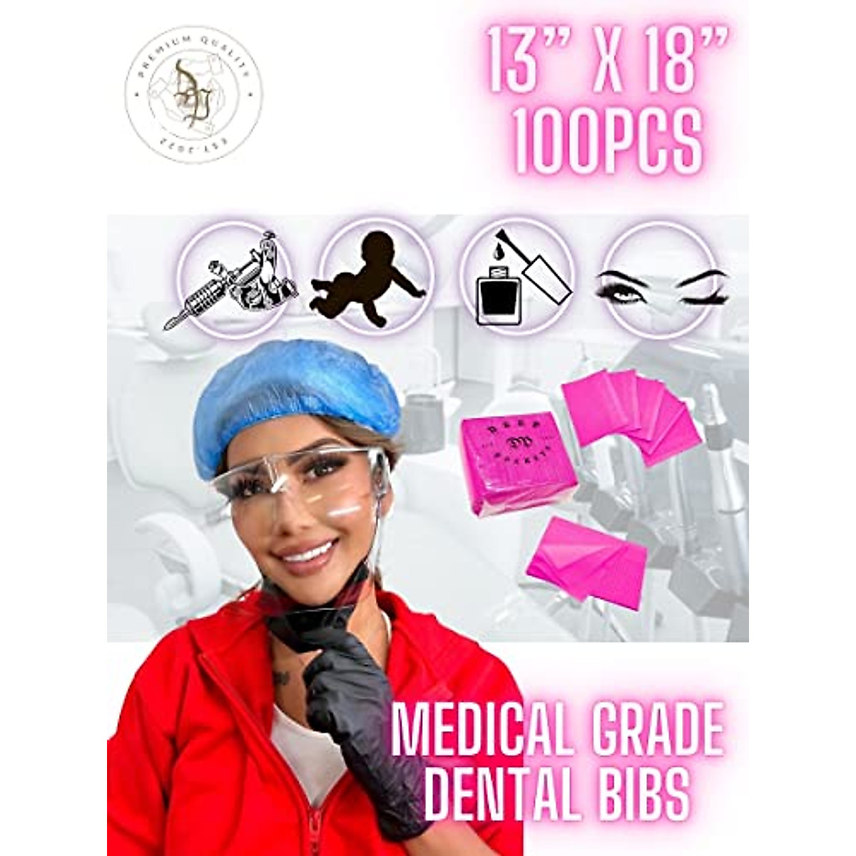 Disposable Waterproof Dental Bibs/Towels, 13" x 18" (Pack of 100) - Waffle Embossed -3 Ply Tissue - Poly Back Dental Bib to Prevent Leak Through - Dental Consumables (Fuchsia Hot Pink)-Table Covers