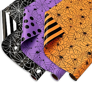JarThenaAMCS 3 Rolls Halloween Wrapping Paper - Mini Roll - 17 Inch x 16.4 Ft Spiderweb Stripe Dot Gift Wrap Paper Double-Sided Art Paper for DIY Crafts Supplies